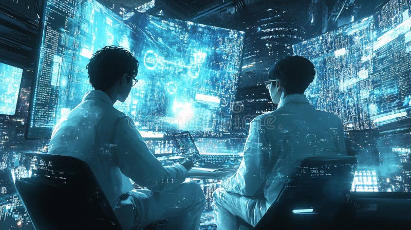 Futuristic Tech Professionals Working with Big Data on Giant Screens ...