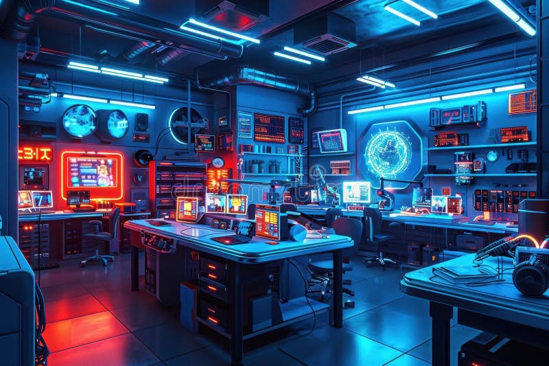 Futuristic Tech Room with Neon Lights and Monitors Stock Illustration ...