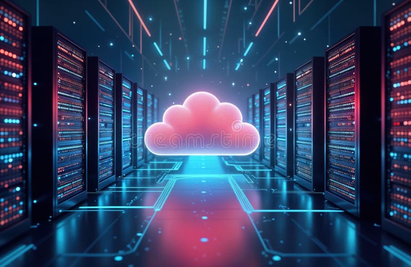 Futuristic Tech Server Room Shows Cloud Computing. Rows of Server Racks Line Hallway. Neon ...