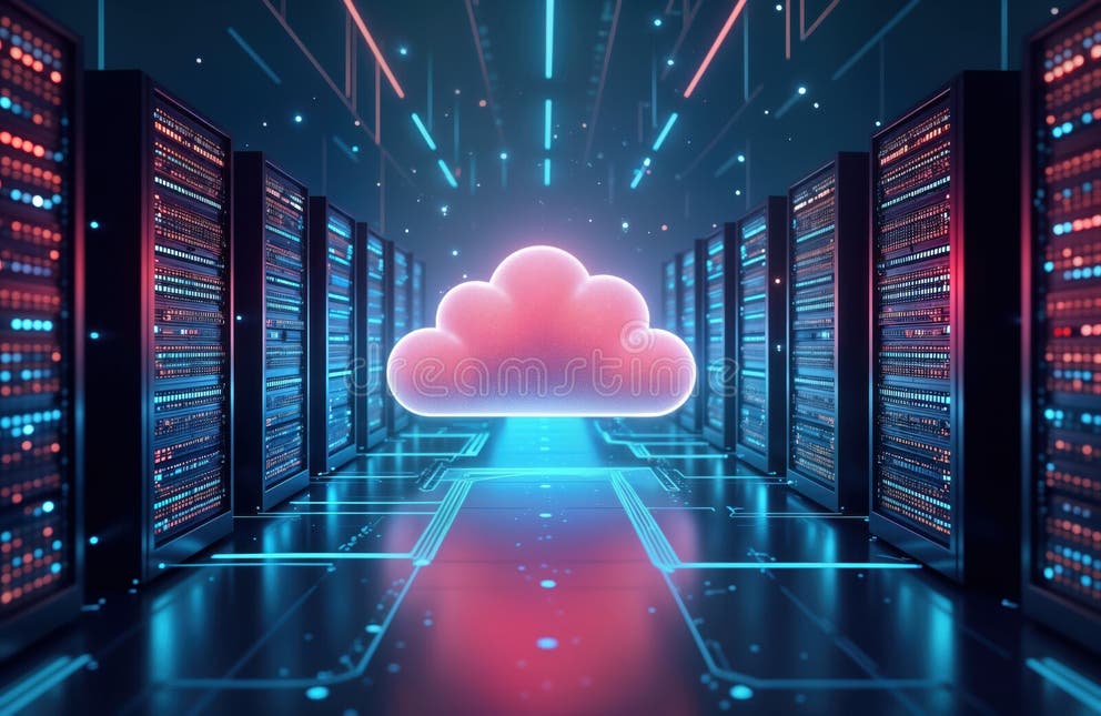 Futuristic Tech Server Room Shows Cloud Computing. Rows of Server Racks ...