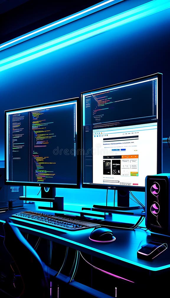 Futuristic Tech Setup: Illuminated Dual Monitors Displaying Code and ...