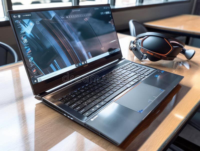 Futuristic Tech Setup with Laptop and VR Headset Stock Illustration ...