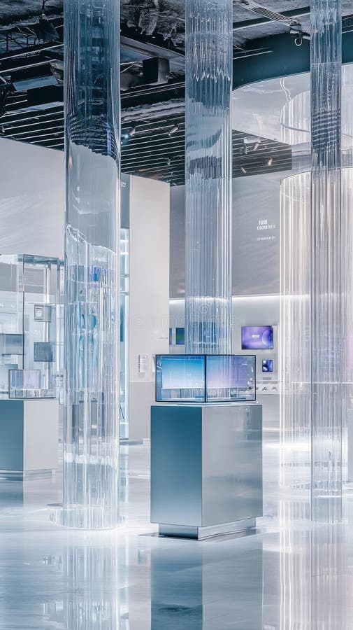 A Futuristic Tech Showcase with Transparent Pillars and Sleek Displays ...