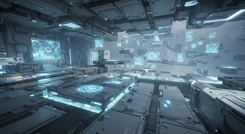 Futuristic Tech Space with Floating Screens and Detailed Infrastructure ...