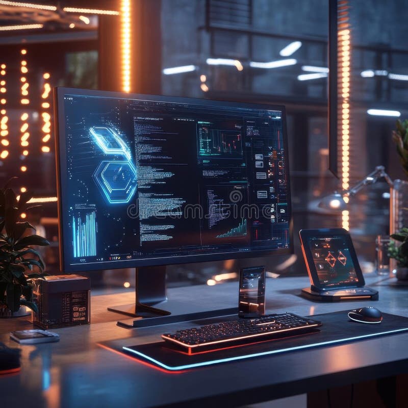 Futuristic Tech Workspace with Illuminated Desk and Digital Displays ...