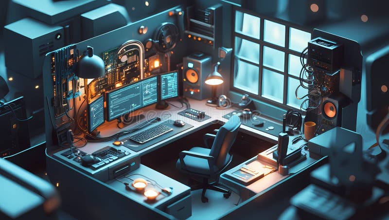Futuristic Tech Workstation with Coding Screens and Servers Stock Illustration - Illustration of ...