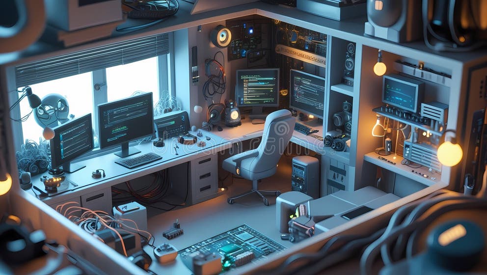 Futuristic Tech Workstation with Coding Screens and Servers Stock Illustration - Illustration of ...