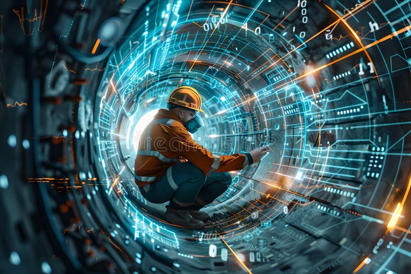 Futuristic Technician in High-tech Tunnel Accessing Digital Interface ...