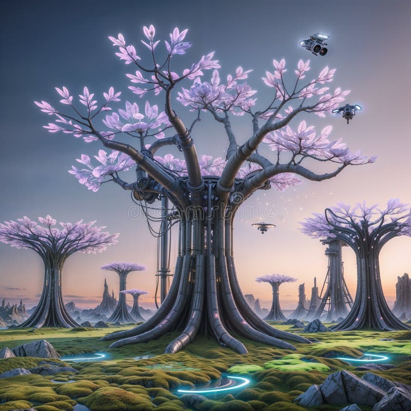 Futuristic Techno Landscape with Glowing Grid Structures and Neon Light ...