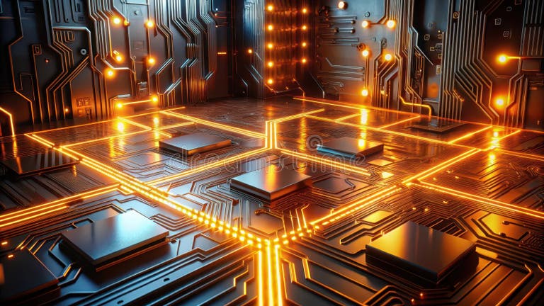 Futuristic Technological Circuit Board Room with Glowing Orange ...