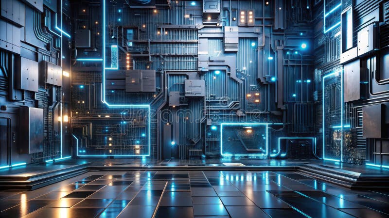 Futuristic Technological Environment with Glowing Blue Neon Lines and ...