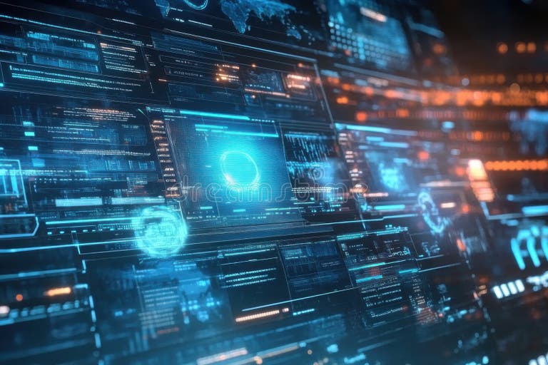 Futuristic Technological Interface Displaying Various Data Analysis and Information Processing ...