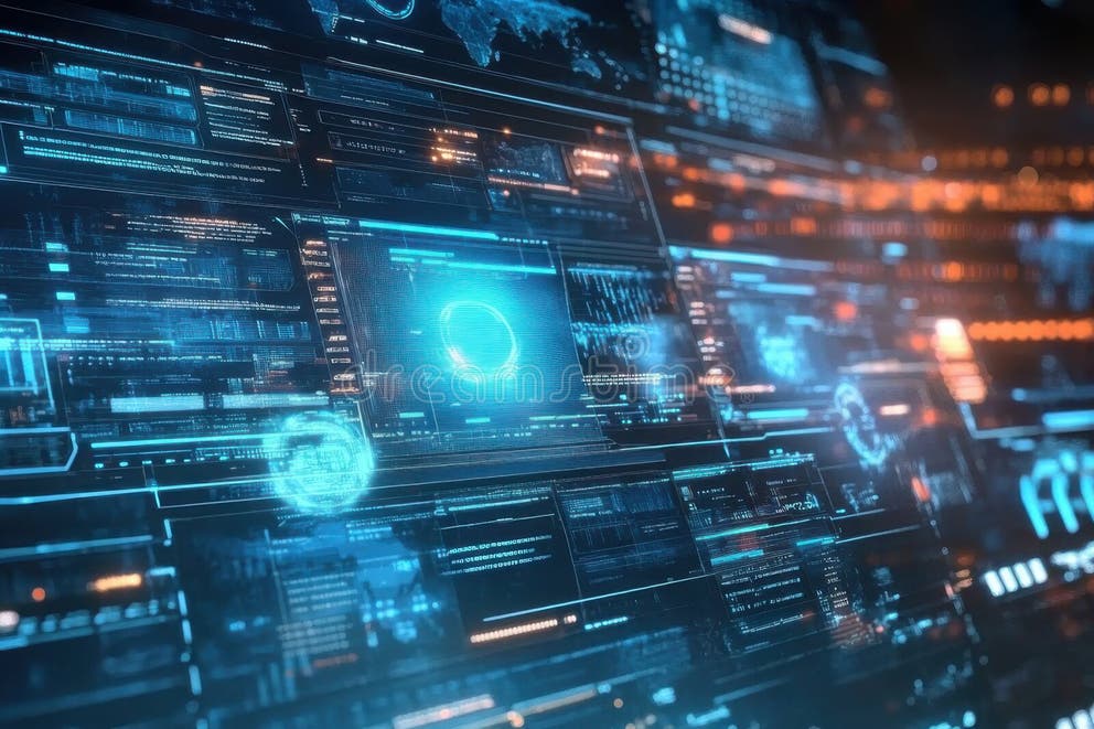 Futuristic Technological Interface Displaying Various Data Analysis and Information Processing ...