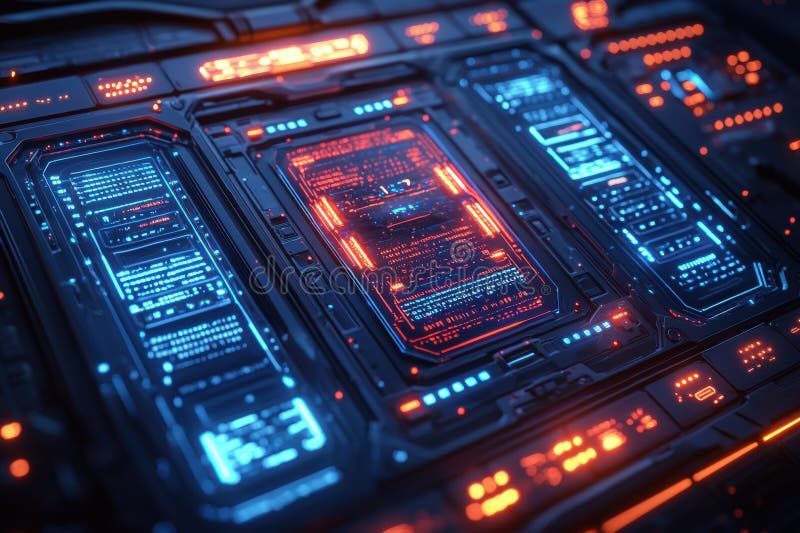 Futuristic Technological Panel with Illuminated Cyber Interface Screens ...