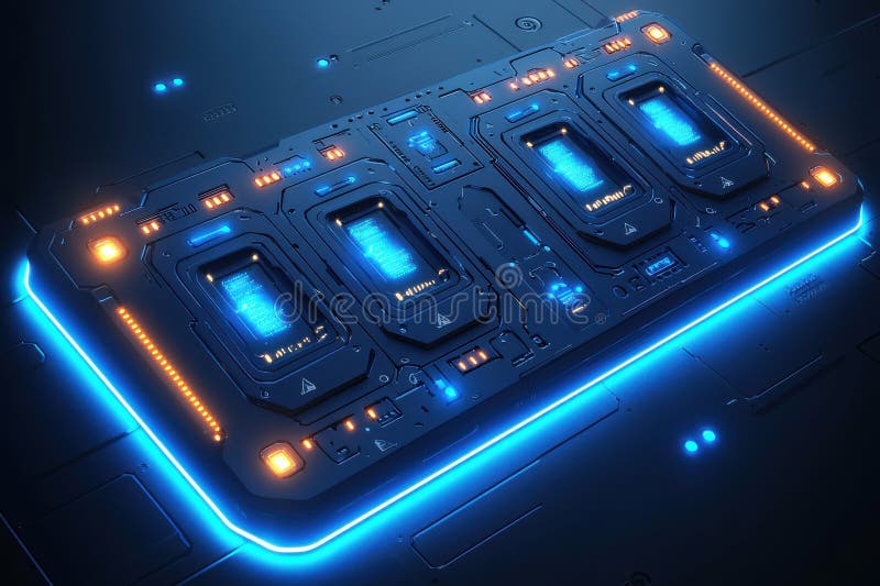 Futuristic Technological Panel with Illuminated Cyber Interface Screens ...