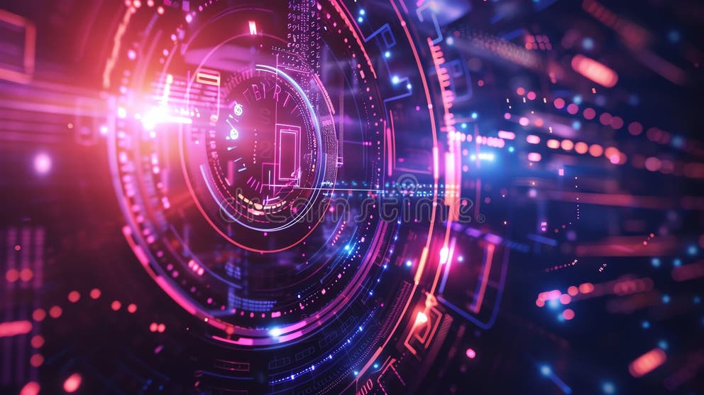 Futuristic Technology Background. Abstract Digital Data, Binary Code, and Glowing Neon Lights ...