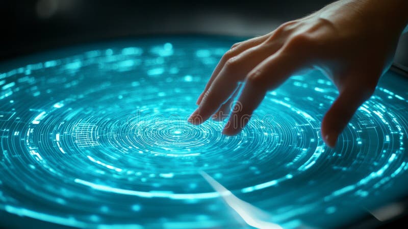 His Hand is on a Computer Mouse As he Sits in Front of Two Monitors ...