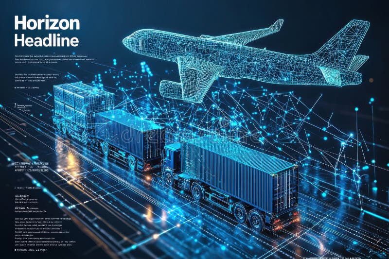 Futuristic Technology Banner Featuring Digital Planes and Trucks Stock ...