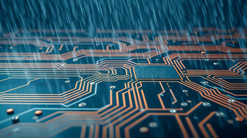 Futuristic Technology Circuit Board Background with Rain and Water ...