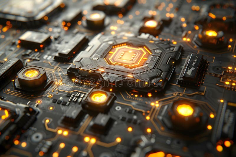 Futuristic Technology Circuit Board with Glowing Orange Highlights for ...