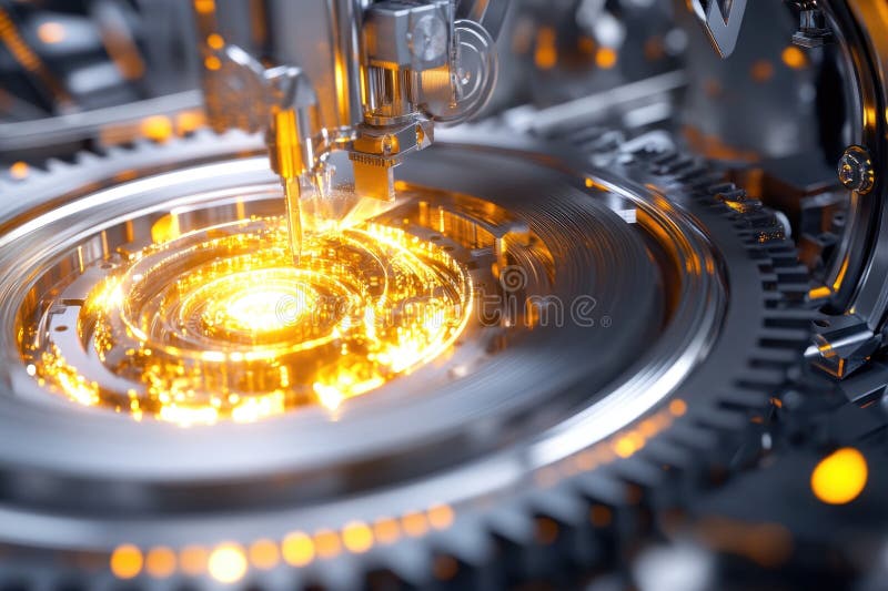 Futuristic Technology: Close-up of Glowing Machine with Orange Lights and Metallic Components ...