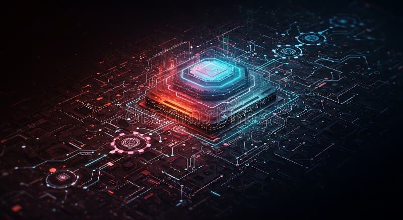 Futuristic Technology Concept Art Featuring a Central Microchip Design ...