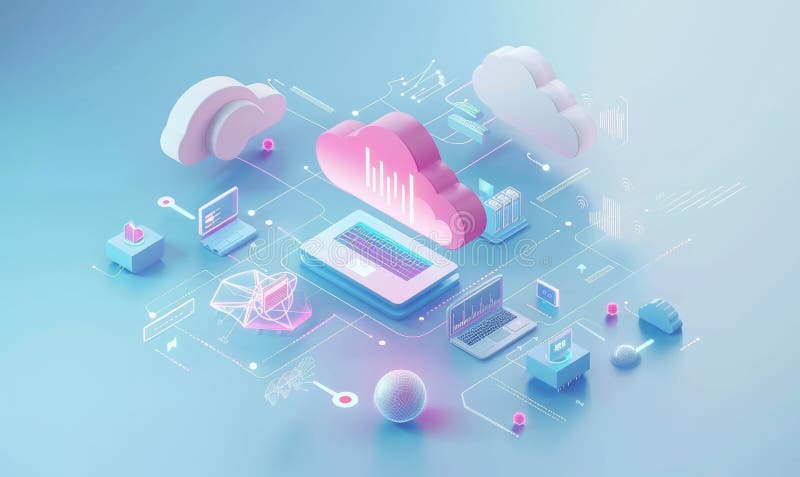 Futuristic Technology Concept, Cloud Computing Concept. Technological Interface and Clouds with ...