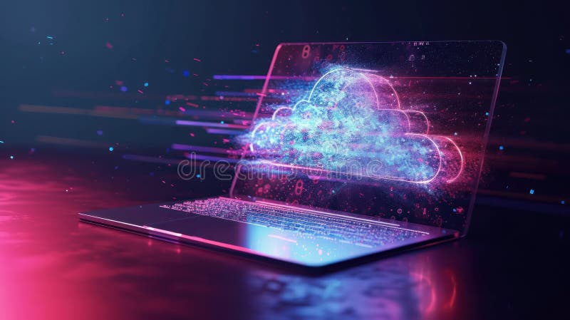 Futuristic Technology Concept, Cloud Computing Concept. Laptop with Technological Interface and ...