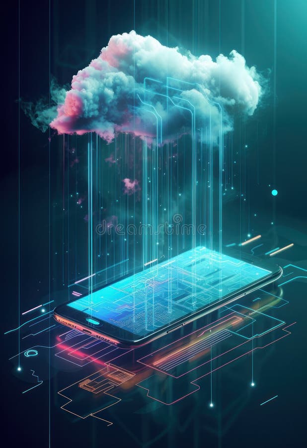 Futuristic Technology Concept, Cloud Computing Concept. Phone with Technological Interface and ...