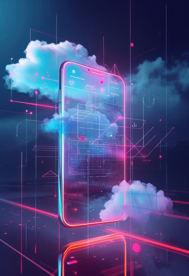 Futuristic Technology Concept, Cloud Computing Concept. Phone with Technological Interface and ...