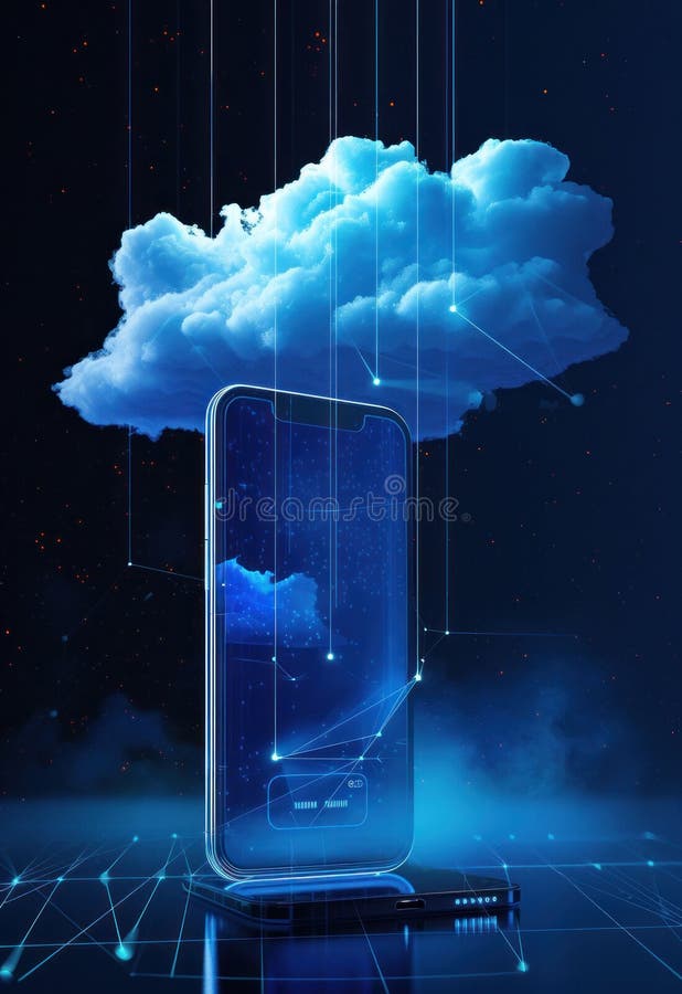 Futuristic Technology Concept, Cloud Computing Concept. Phone with Technological Interface and ...