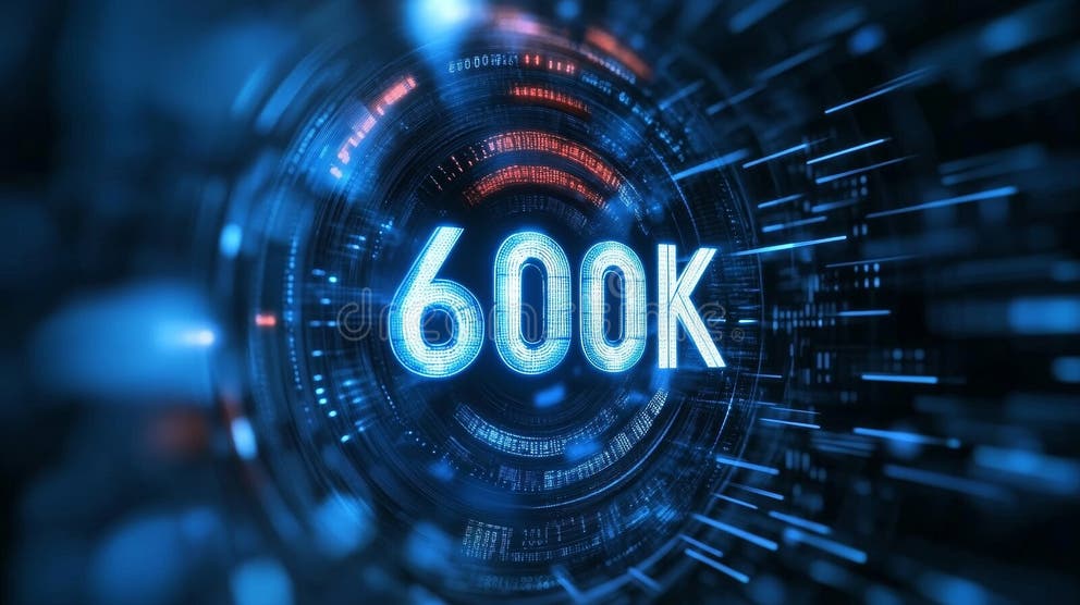 Futuristic Technology Concept Glowing Digital Number 600k on a Blue ...