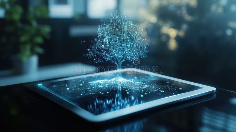 Futuristic Technology Concept, Glowing Digital Tree Emerging from a ...