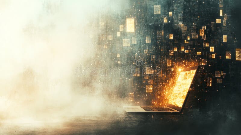 Futuristic Technology Concept with Glowing Laptop and Digital Design ...