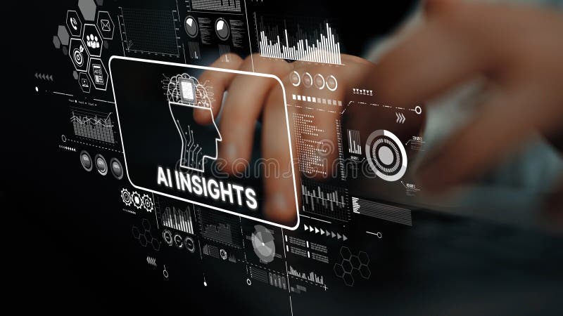 Futuristic Technology Concept with Hands Typing on Digital Interface Displaying AI Insights and ...