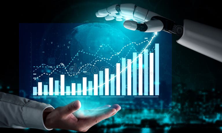 Futuristic Technology Concept with Robot Hand Reaching for Data Visualizations and Bar Graphs on ...
