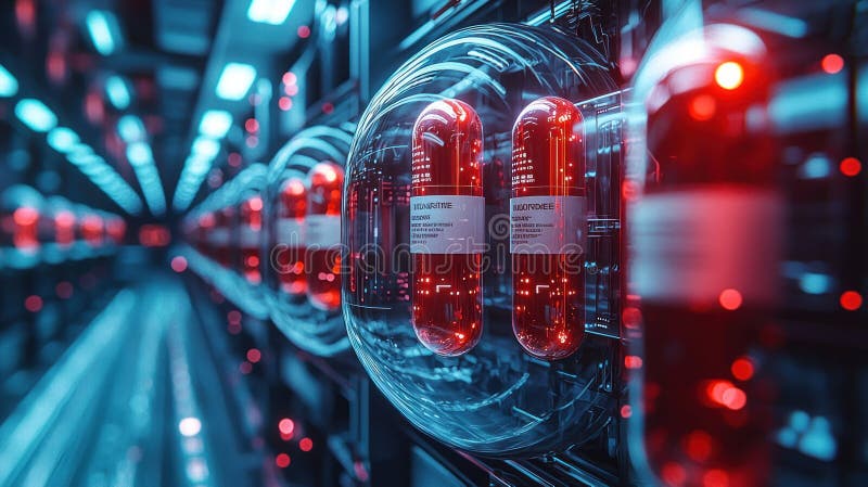 Futuristic Technology Concept Server Room with Glowing Capsules Stock ...