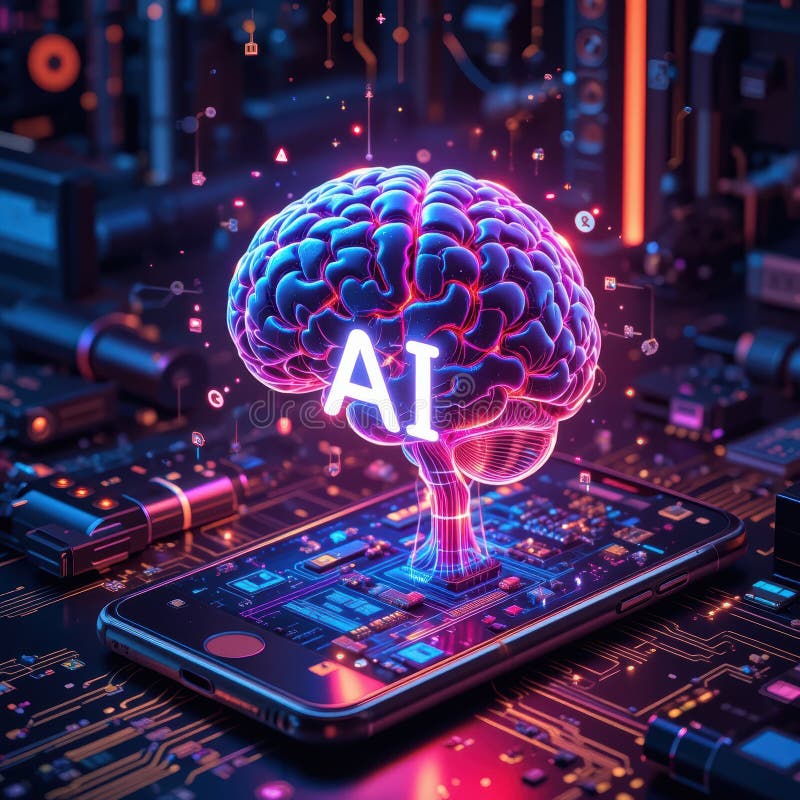 Futuristic Technology Concept Showing Artificial Intelligence Brain with Smartphone and ...