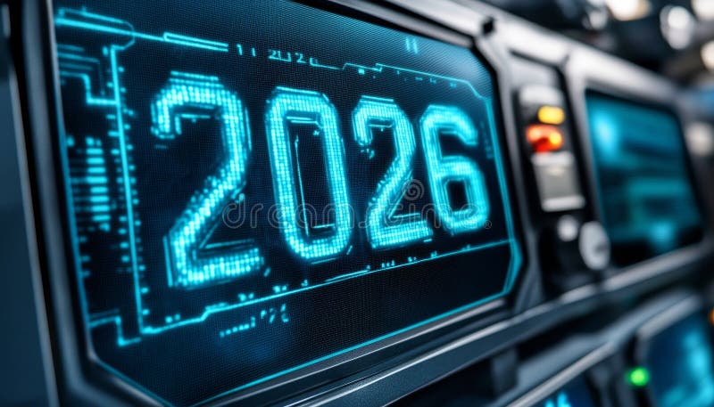 Futuristic Technology Display Shows the Year 2026 in Neon Blue ...