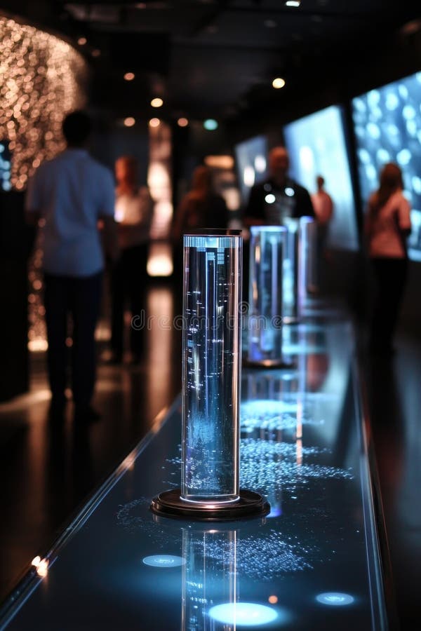 Futuristic Technology Exhibit with Holographic Displays and Diverse ...