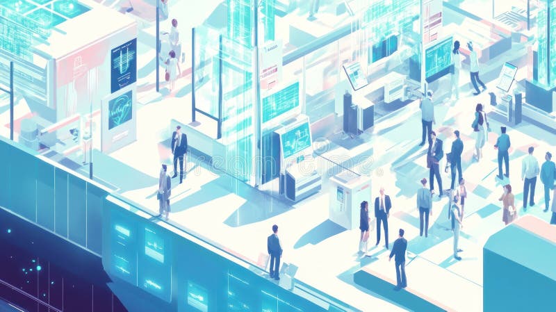 Futuristic Technology Expo with Diverse Crowd Interacting with Displays ...