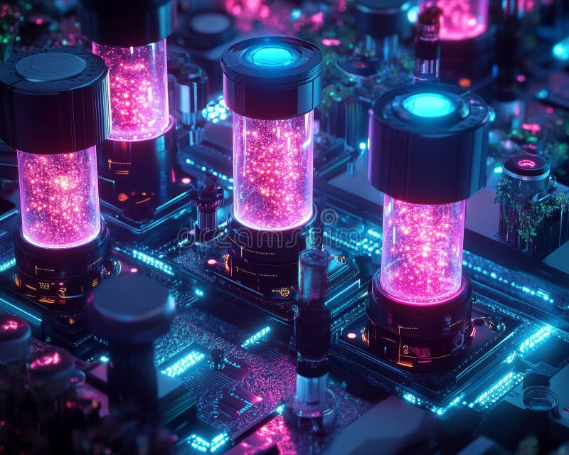 Futuristic Technology with Glowing Containers and Circuit Board Details ...