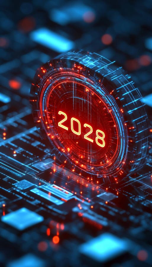 Futuristic Technology Glowing 3D Number 2028 in an Abstract Digital ...
