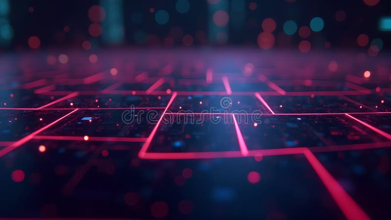 Futuristic Technology Grid with Neon Red Lines Stock Illustration ...