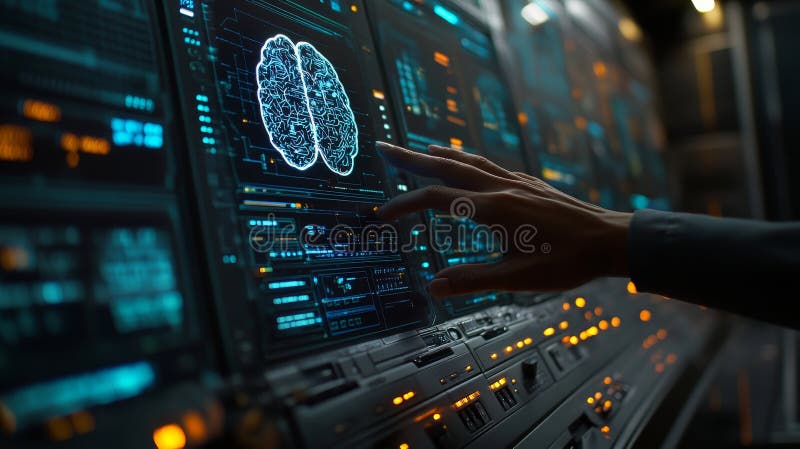 Futuristic Technology Hand Interacts with Holographic Brain Interface ...
