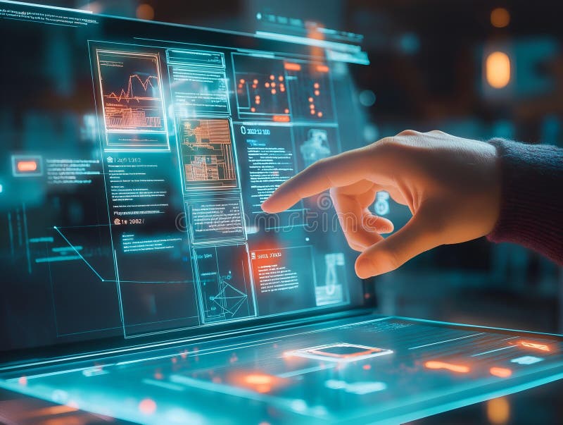 Futuristic Technology Hands Interacting Glowing Interface Screen Stock ...