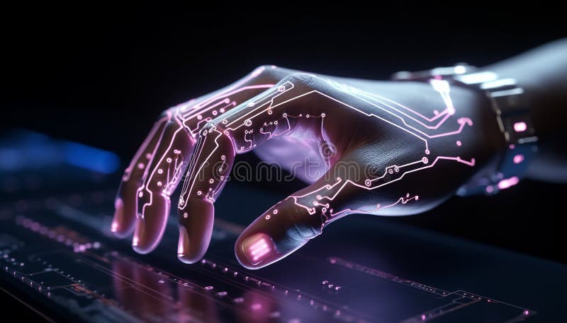 Futuristic Technology, Human Hand Touching Glowing Computer Screen ...