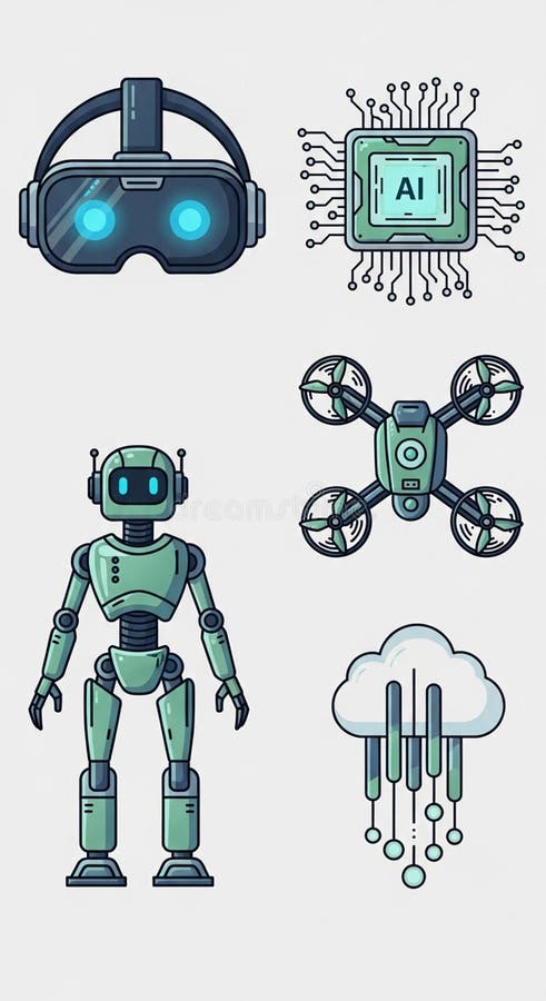 Futuristic Technology Icons: AI, VR, Robot, Drone, and Cloud Computing ...