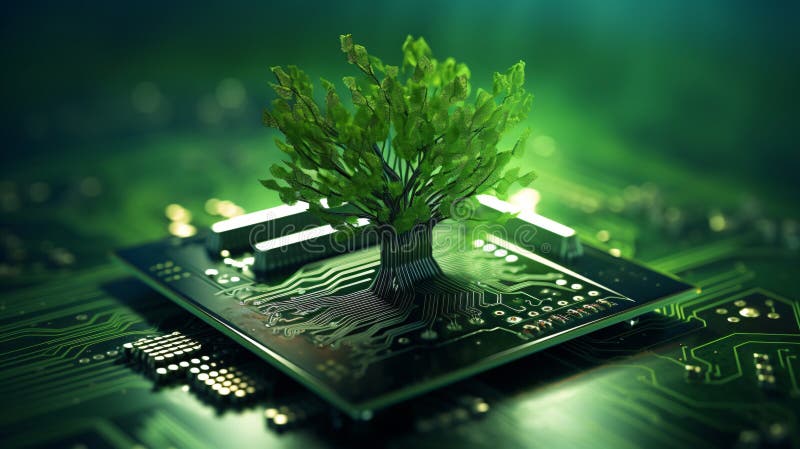 Futuristic Technology Integration with Nature: Tree Growing on Computer ...