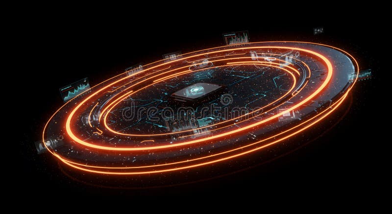 Futuristic Technology Interface: a 3D Render of a Circular Holographic Display with Data ...